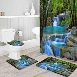 prime leader 4 pcs shower curtain set with 12 hooks, mountain waterfall tree landscape bathroom decor sets with non-slip bath mat toilet lid cover, durable waterproof shower curtain and rugs set