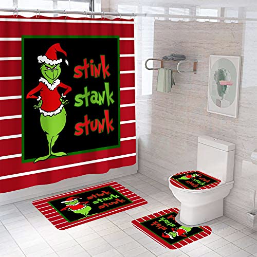 WRUJOJU 4 Pcs Christmas Shower Curtain Set with Non-Slip Rug, Toilet Lid Cover and Bath Mat,Xmas Shower Curtains with 12 Hooks, Christmas Shower Curtain Sets for Bathroom