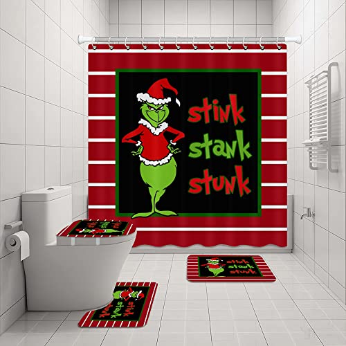 WRUJOJU 4 Pcs Christmas Shower Curtain Set with Non-Slip Rug, Toilet Lid Cover and Bath Mat,Xmas Shower Curtains with 12 Hooks, Christmas Shower Curtain Sets for Bathroom