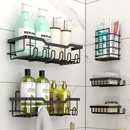 REALINN Shower Caddy, [5-Pack] Shower Shelves for Inside Shower, Adhesive Shower Organizer, No Drilling Rustproof Stainless Steel Bathroom Caddy, Large Capacity Shower Rack, Black