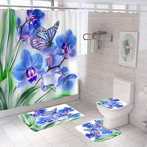 mamrug 4 PCS Butterfly Shower Curtain Sets with Non-Slip Rugs and Toilet Lid Cover Purple Flower Phalaenopsis Bath Decor Shower Curtains 72"x 72" with 12 Hooks Durable Waterproof for Bathroom