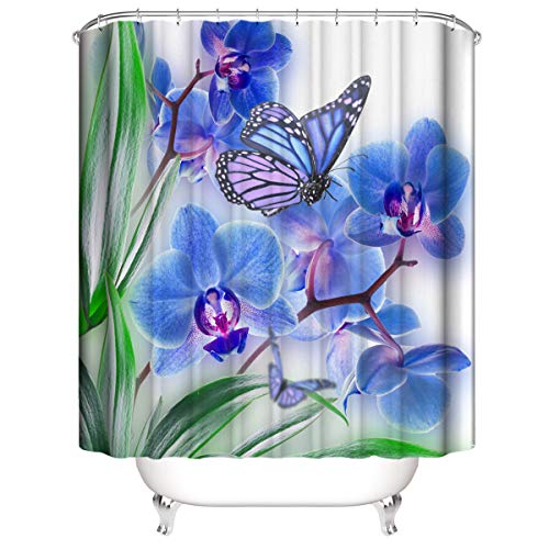 mamrug 4 PCS Butterfly Shower Curtain Sets with Non-Slip Rugs and Toilet Lid Cover Purple Flower Phalaenopsis Bath Decor Shower Curtains 72"x 72" with 12 Hooks Durable Waterproof for Bathroom