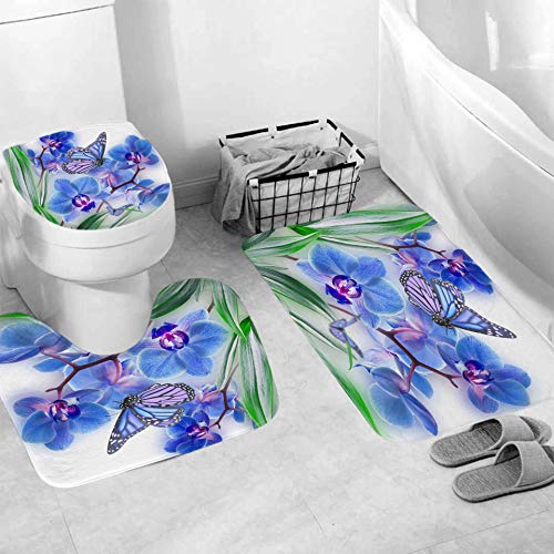 mamrug 4 PCS Butterfly Shower Curtain Sets with Non-Slip Rugs and Toilet Lid Cover Purple Flower Phalaenopsis Bath Decor Shower Curtains 72"x 72" with 12 Hooks Durable Waterproof for Bathroom