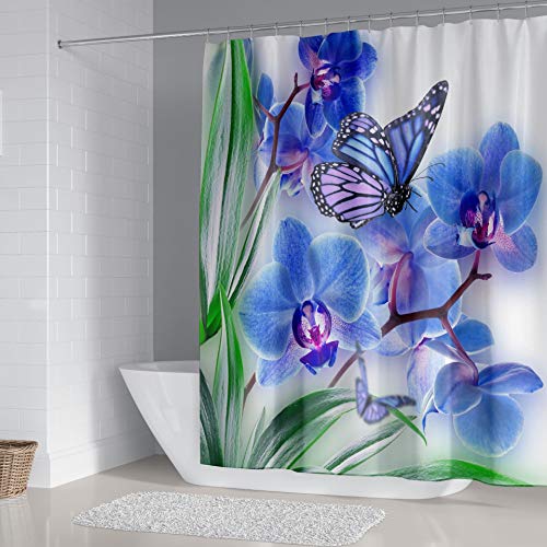 mamrug 4 PCS Butterfly Shower Curtain Sets with Non-Slip Rugs and Toilet Lid Cover Purple Flower Phalaenopsis Bath Decor Shower Curtains 72"x 72" with 12 Hooks Durable Waterproof for Bathroom