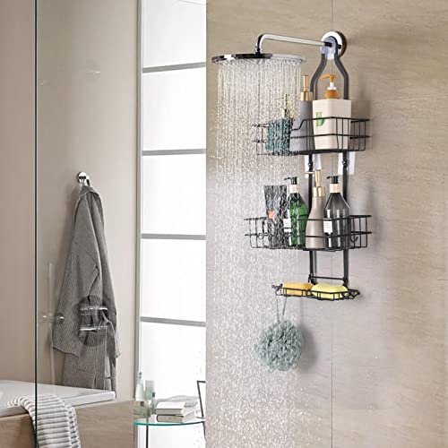 Tuenort Hanging Shower Organizer for Bathroom, Over Head Shower Caddy Basket with Hooks, 3 Layers Bathroom Storage Rack Shelf Over Shower Head, Soap Holderr, Rustproof & Durable - Black