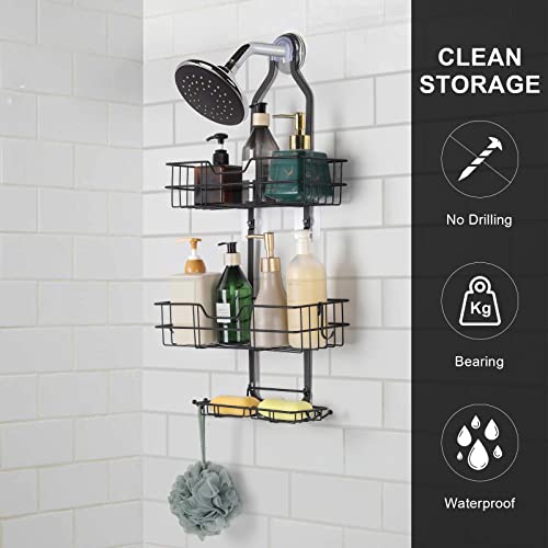 Tuenort Hanging Shower Organizer for Bathroom, Over Head Shower Caddy Basket with Hooks, 3 Layers Bathroom Storage Rack Shelf Over Shower Head, Soap Holderr, Rustproof & Durable - Black