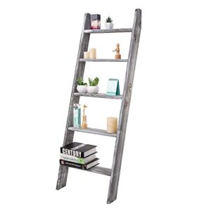 rustic 5-tier wall-leaning wood loadder towel racks for bathroom livingroom kithen office woden farmhouse ladder-style blanket rack multipurpose organizer rack for home (grey)