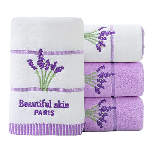 Pidada Hand Towels Set of 4 Lavender Floral Pattern 100% Cotton Soft Absorbent Decorative Towels for Bathroom 13.8 x 29.5 Inch (2 White 2 Purple)