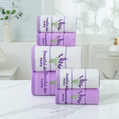 Pidada Hand Towels Set of 4 Lavender Floral Pattern 100% Cotton Soft Absorbent Decorative Towels for Bathroom 13.8 x 29.5 Inch (2 White 2 Purple)