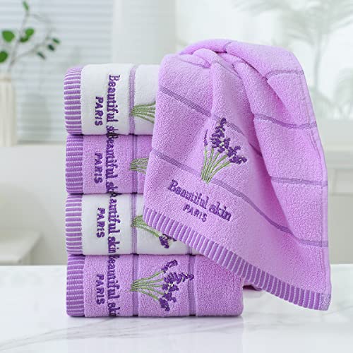 Pidada Hand Towels Set of 4 Lavender Floral Pattern 100% Cotton Soft Absorbent Decorative Towels for Bathroom 13.8 x 29.5 Inch (2 White 2 Purple)