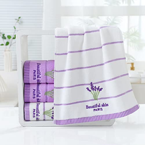 Pidada Hand Towels Set of 4 Lavender Floral Pattern 100% Cotton Soft Absorbent Decorative Towels for Bathroom 13.8 x 29.5 Inch (2 White 2 Purple)