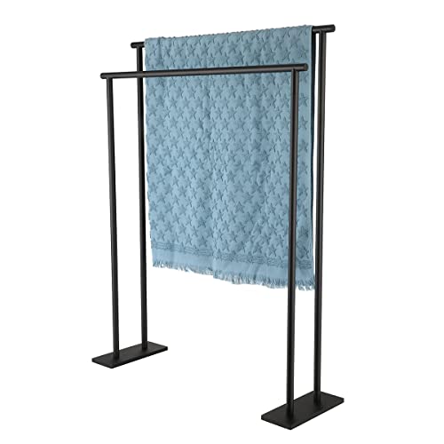 JQK Bath Towel Bar Free Standing Black, 30 Inch Stand Double Towel Rack Holder Shelf for Bathroom Floor, Matte Black, BTH120L30-PB