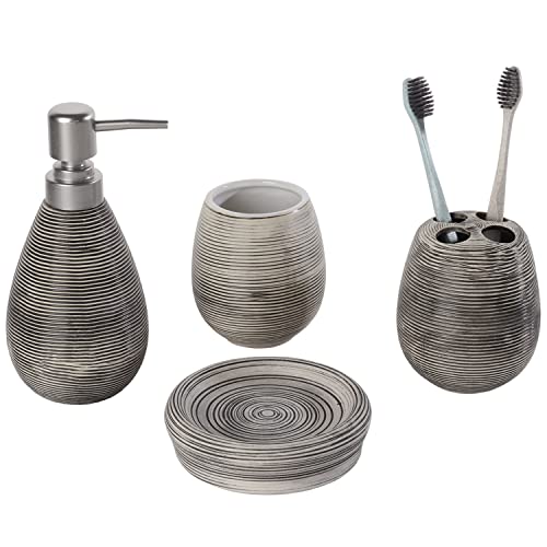 MyGift 4 Piece Textured Ceramic Brown Bathroom Accessory Set Includes Soap Dish, Dispenser, Toothbrush Holder and Tumbler