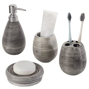 MyGift 4 Piece Textured Ceramic Brown Bathroom Accessory Set Includes Soap Dish, Dispenser, Toothbrush Holder and Tumbler