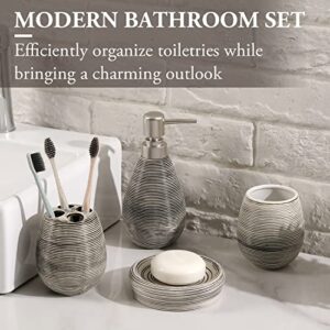 MyGift 4 Piece Textured Ceramic Brown Bathroom Accessory Set Includes Soap Dish, Dispenser, Toothbrush Holder and Tumbler