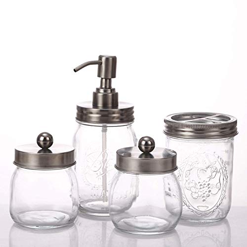 AINEKUI Mason Jar Bathroom Accessories Set 4 Pcs, Lotion Soap Dispenser, Toothbrush Holder, 2 Cotton Swab Jars, Suitable for Home Decoration in Bathroom and Kitchen