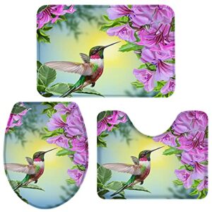 apular fashion 3 piece bath rugs set hummingbird purple flowers print printed non slip ultra soft bathroom mats, u shape mat and toilet lid cover mat bath mats