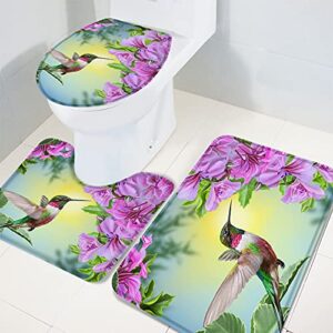 Apular Fashion 3 Piece Bath Rugs Set Hummingbird Purple Flowers Print Printed Non Slip Ultra Soft Bathroom Mats, U Shape Mat and Toilet Lid Cover Mat Bath Mats