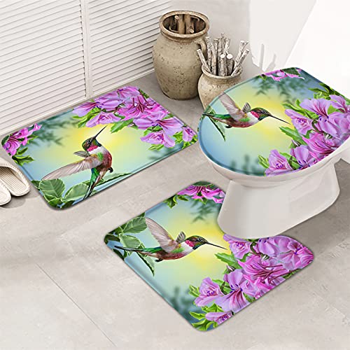 Apular Fashion 3 Piece Bath Rugs Set Hummingbird Purple Flowers Print Printed Non Slip Ultra Soft Bathroom Mats, U Shape Mat and Toilet Lid Cover Mat Bath Mats