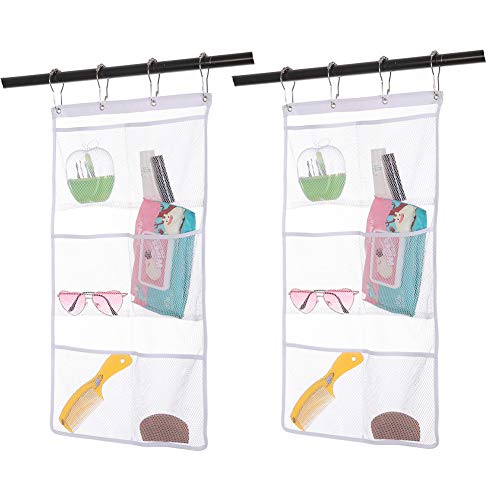 Bsagve 2 Pack Mesh Hanging Caddy Organizer with 6 Pockets, Shower Curtain Rod Liner Hanging Organizer Storage Pockets Bathroom Hanger Organizer, Bath Toy Holder Organizer with Portable 4 Rings