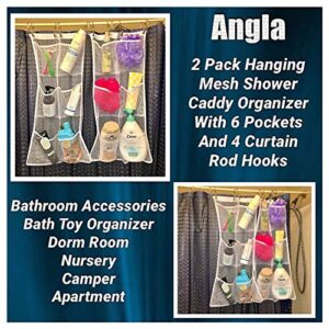 Bsagve 2 Pack Mesh Hanging Caddy Organizer with 6 Pockets, Shower Curtain Rod Liner Hanging Organizer Storage Pockets Bathroom Hanger Organizer, Bath Toy Holder Organizer with Portable 4 Rings