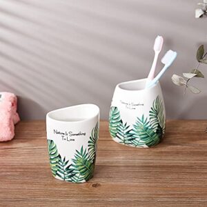 Coffeezone Irregular Shape Bathroom Accessories Set, 4 Piece Tropical Leaves Design Ceramic Bath Accessory Set with Soap Pump Dispenser, Toothbrush Holder, Tumbler & Soap Dish