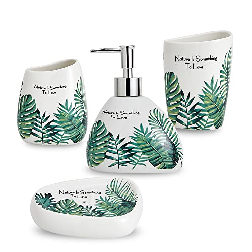 Coffeezone Irregular Shape Bathroom Accessories Set, 4 Piece Tropical Leaves Design Ceramic Bath Accessory Set with Soap Pump Dispenser, Toothbrush Holder, Tumbler & Soap Dish