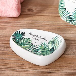 Coffeezone Irregular Shape Bathroom Accessories Set, 4 Piece Tropical Leaves Design Ceramic Bath Accessory Set with Soap Pump Dispenser, Toothbrush Holder, Tumbler & Soap Dish