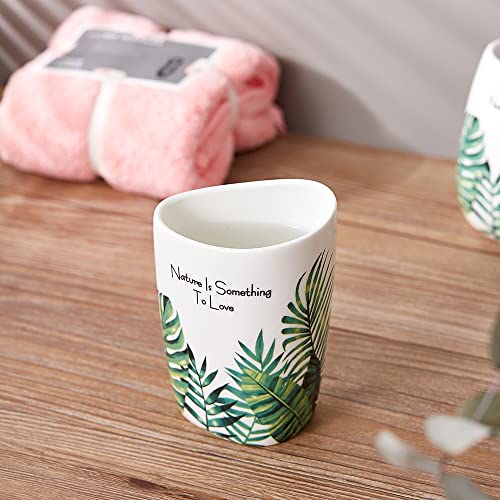 Coffeezone Irregular Shape Bathroom Accessories Set, 4 Piece Tropical Leaves Design Ceramic Bath Accessory Set with Soap Pump Dispenser, Toothbrush Holder, Tumbler & Soap Dish