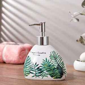 Coffeezone Irregular Shape Bathroom Accessories Set, 4 Piece Tropical Leaves Design Ceramic Bath Accessory Set with Soap Pump Dispenser, Toothbrush Holder, Tumbler & Soap Dish