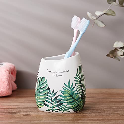 Coffeezone Irregular Shape Bathroom Accessories Set, 4 Piece Tropical Leaves Design Ceramic Bath Accessory Set with Soap Pump Dispenser, Toothbrush Holder, Tumbler & Soap Dish