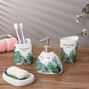 Coffeezone Irregular Shape Bathroom Accessories Set, 4 Piece Tropical Leaves Design Ceramic Bath Accessory Set with Soap Pump Dispenser, Toothbrush Holder, Tumbler & Soap Dish