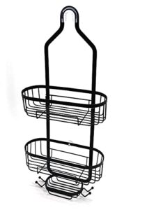 kinla rustproof shower caddy 2 tier bathroom organizer with hooks and shelves - overhead hanging storage rack for shampoo, soap, razor, and washcloth (black)