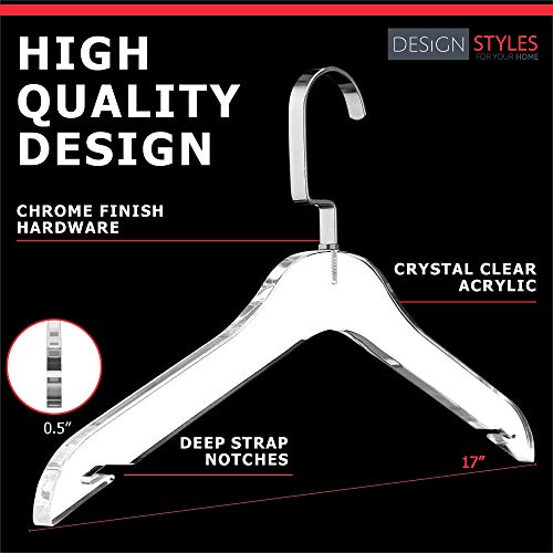 Clear Acrylic Clothes Hangers - 10 Pack Stylish and Heavy Duty Closet Organizer with Silver Chrome Plated Steel Hooks - Non-Slip Notches for Suit Jacket, Sweater, Blouse, and Dress - by Designstyles