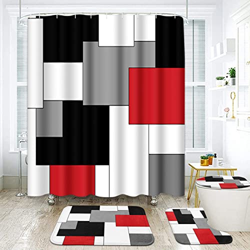 Red Black Grey Modern Bathroom Sets with Shower Curtain and Rugs and Accessories, Modern Shower Curtain Sets, Abstract Shower Curtains for Bathroom, Yellow Black Grey Abstract Bathroom Decor 4 Pcs