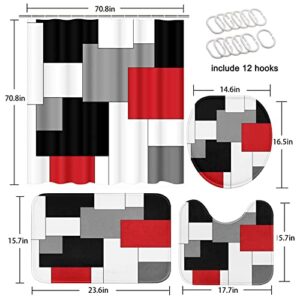 Red Black Grey Modern Bathroom Sets with Shower Curtain and Rugs and Accessories, Modern Shower Curtain Sets, Abstract Shower Curtains for Bathroom, Yellow Black Grey Abstract Bathroom Decor 4 Pcs