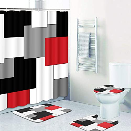 Red Black Grey Modern Bathroom Sets with Shower Curtain and Rugs and Accessories, Modern Shower Curtain Sets, Abstract Shower Curtains for Bathroom, Yellow Black Grey Abstract Bathroom Decor 4 Pcs