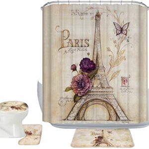 amagical 16 piece vintage paris brown eiffel tower shower curtain set bathroom mat set purple flower butterfly bath mat contour mat toilet cover and shower curtain with 12 hooks