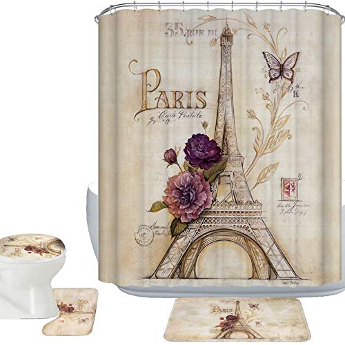 Amagical 16 Piece Vintage Paris Brown Eiffel Tower Shower Curtain Set Bathroom Mat Set Purple Flower Butterfly Bath Mat Contour Mat Toilet Cover and Shower Curtain with 12 Hooks