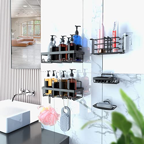 Villsure Shower Caddy, Shower Shelf for Inside with 10 Hooks Adhesive Bathroom Organizer Hanging, No Drilling Stainless Steel Shower Racks Shelves for Kitchen Dorm Apartment, 5 Pack