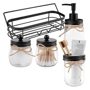 vtopmart 5 pcs mason jar bathroom accessories set, lotion soap dispenser, toothbrush holder, 2 cotton swab holder, metal wire storage basket, rustic farmhouse decor for countertop kitchen, black