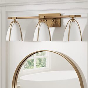 nathan james aubrey 3-lights farmhouse wall light fixture, bathroom vanity light with brass metal frame and gold and white cage shades for bathroom and vanity, gold brass/white