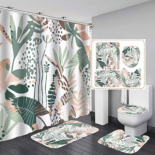 4 PCS Green Flower Shower Curtain Sets with Non-Slip Rugs and Toilet Lid Cover Rose Floral Leaf Bath Decor Shower Curtains 72"x 72" with 12 Hooks Durable Waterproof for Bathroom