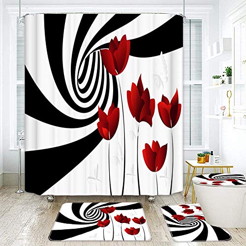 Valentine's Day Shower Curtain Set, 3D Romantic Rose Style Printing Shower Curtain Carpet Floor Mat Combination Bathroom Toilet Mat 4 PCS (D)