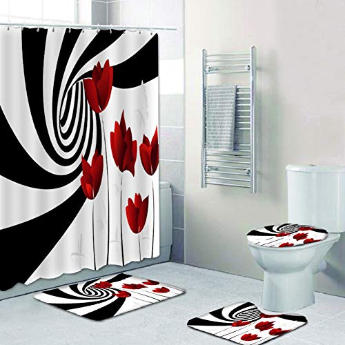 Valentine's Day Shower Curtain Set, 3D Romantic Rose Style Printing Shower Curtain Carpet Floor Mat Combination Bathroom Toilet Mat 4 PCS (D)