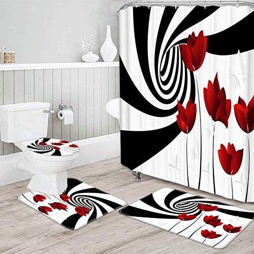 Valentine's Day Shower Curtain Set, 3D Romantic Rose Style Printing Shower Curtain Carpet Floor Mat Combination Bathroom Toilet Mat 4 PCS (D)