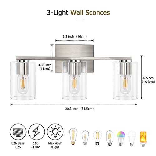 DRNANLIT 3-Light Vanity Light, Brushed Nickel Bathroom Lighting Fixtures Over Mirror, Modern Metal Wall Lights for Hallway Kitchen Bedroom Living Room