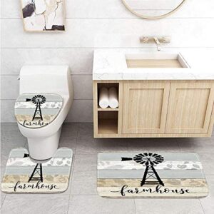 JAWO Farmhouse Shower Curtain Sets with Non-Slip Rugs, Toilet Lid Cover and Bath Mat, Vintage Windmill on Rustic Wooden Plank Country Wooden Plank Shower Curtain with 12 Hooks