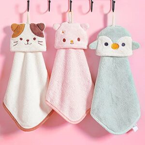 3 pack cute hand towels, bathroom towels with hanging loop, children hand towel animals, microfiber coral fleece absorbent hand towel for kitchen bathroom bedroom (3pcs)