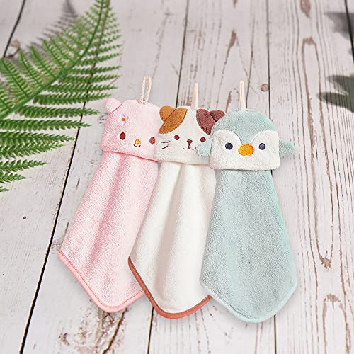 3 Pack Cute Hand Towels, Bathroom Towels with Hanging Loop, Children Hand Towel Animals, Microfiber Coral Fleece Absorbent Hand Towel for Kitchen Bathroom Bedroom (3pcs)